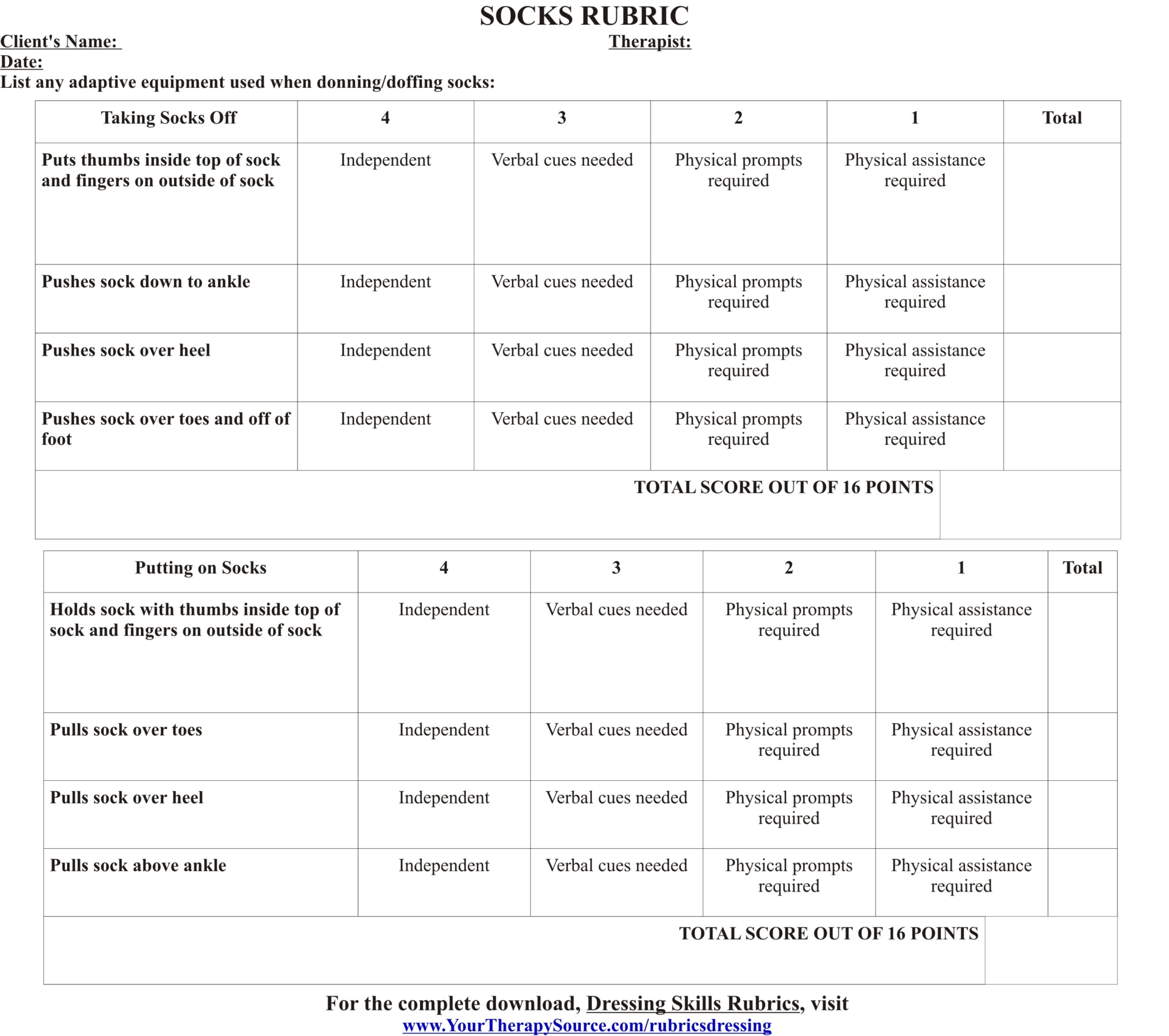 Dressing Skills Rubric - Your Therapy Source