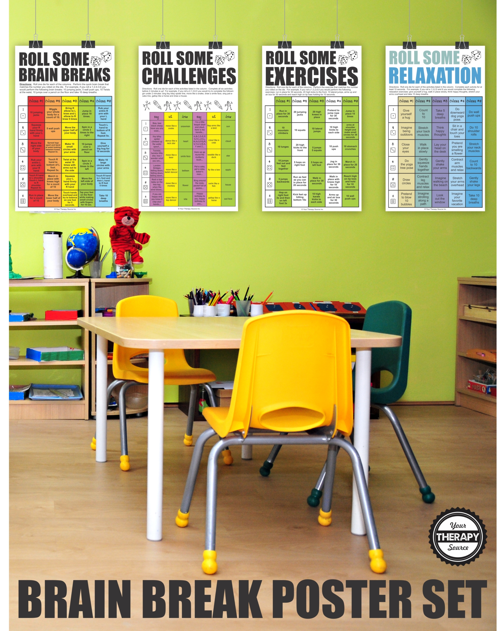 Brain Break Poster Set - 4 Full Color Posters - Your Therapy Source