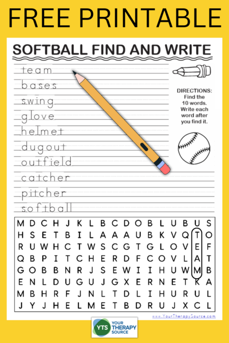 Softball Word Search Free Printable - Your Therapy Source