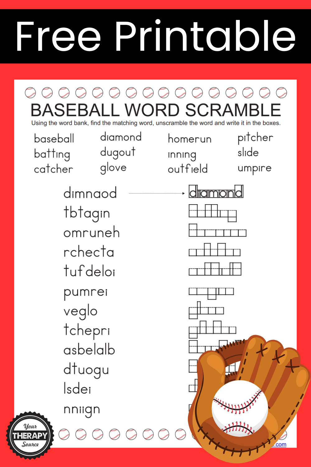 Baseball Word Scramble Puzzle Free Printable - Your Therapy Source