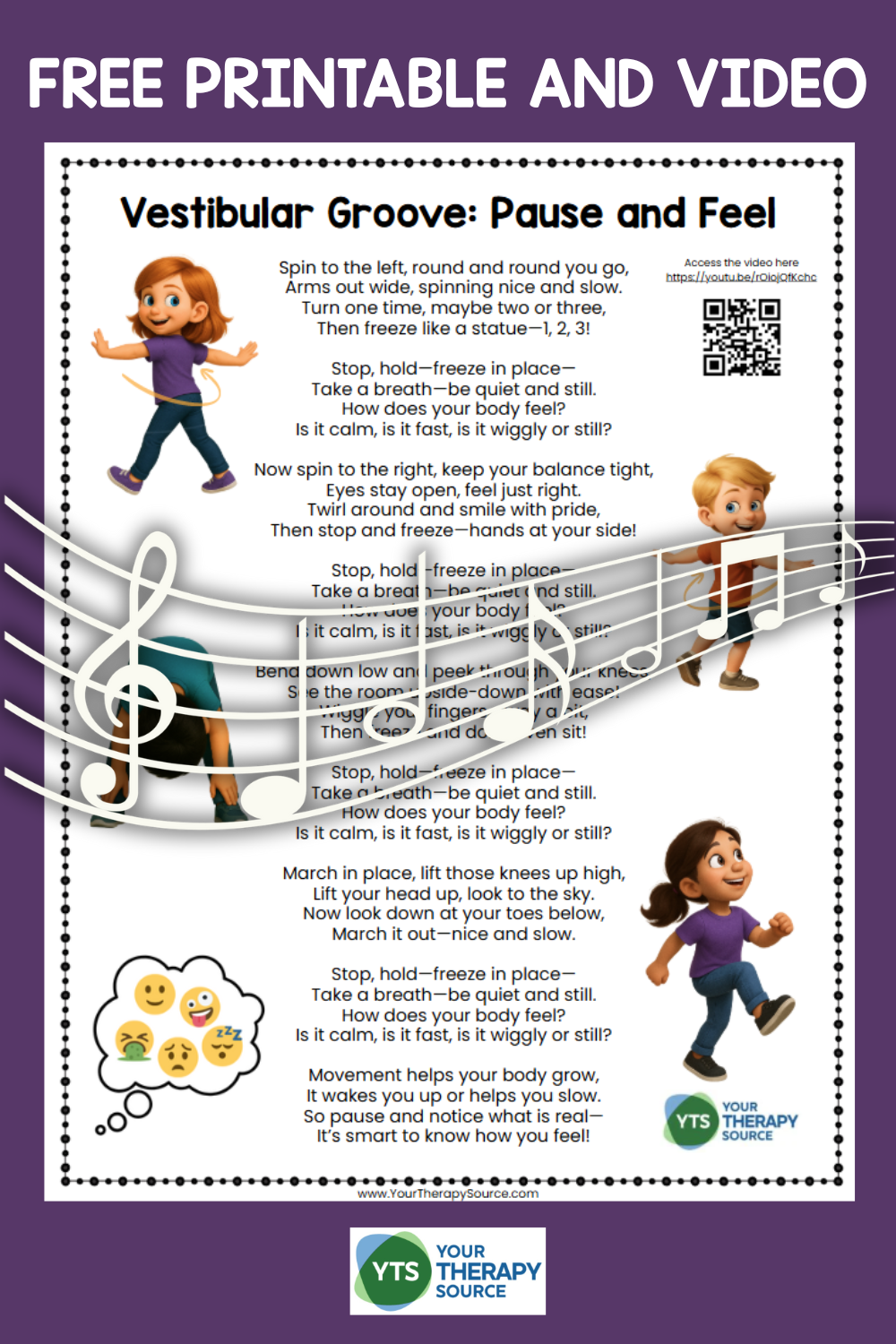 Vestibular Song: Groove, Pause and Feel Free Printable - Your Therapy ...