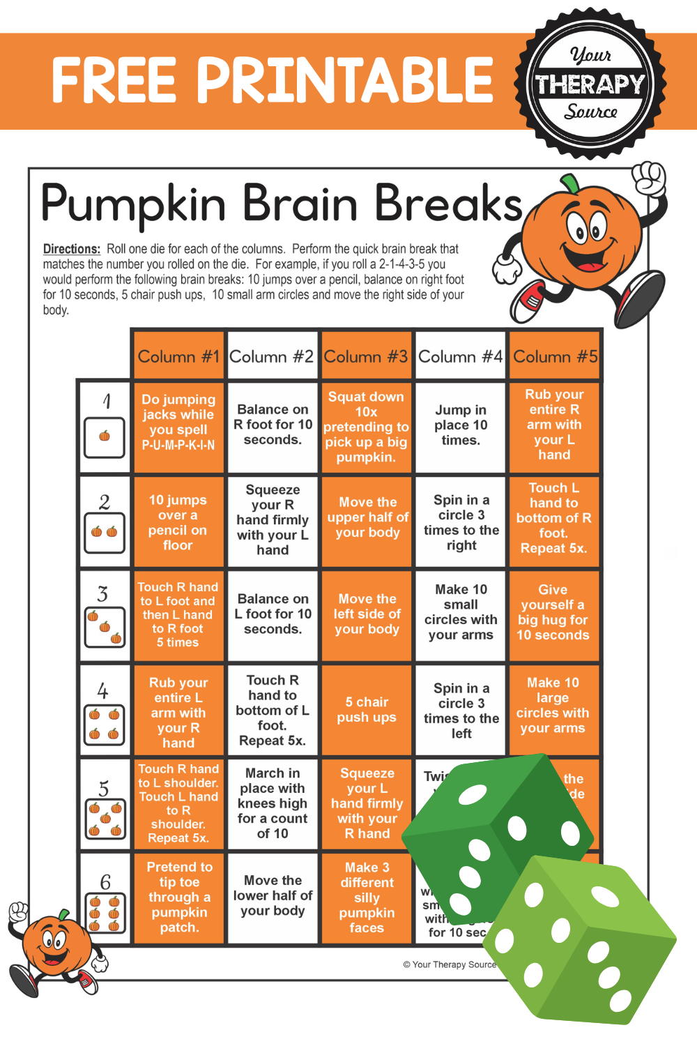 Pumpkin Dice Game Free Printable PDF - Your Therapy Source