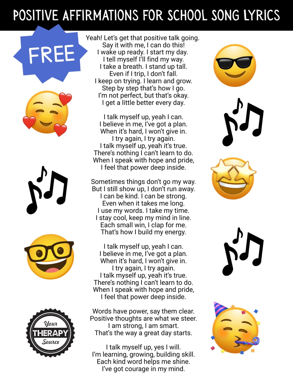 Positive Affirmations for School Song and Free Printable - Your Therapy ...
